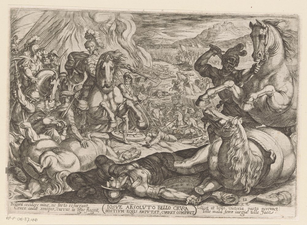 Josua lähmt die Pferde und verbrennt die Wagen der Völker (Iosue ...