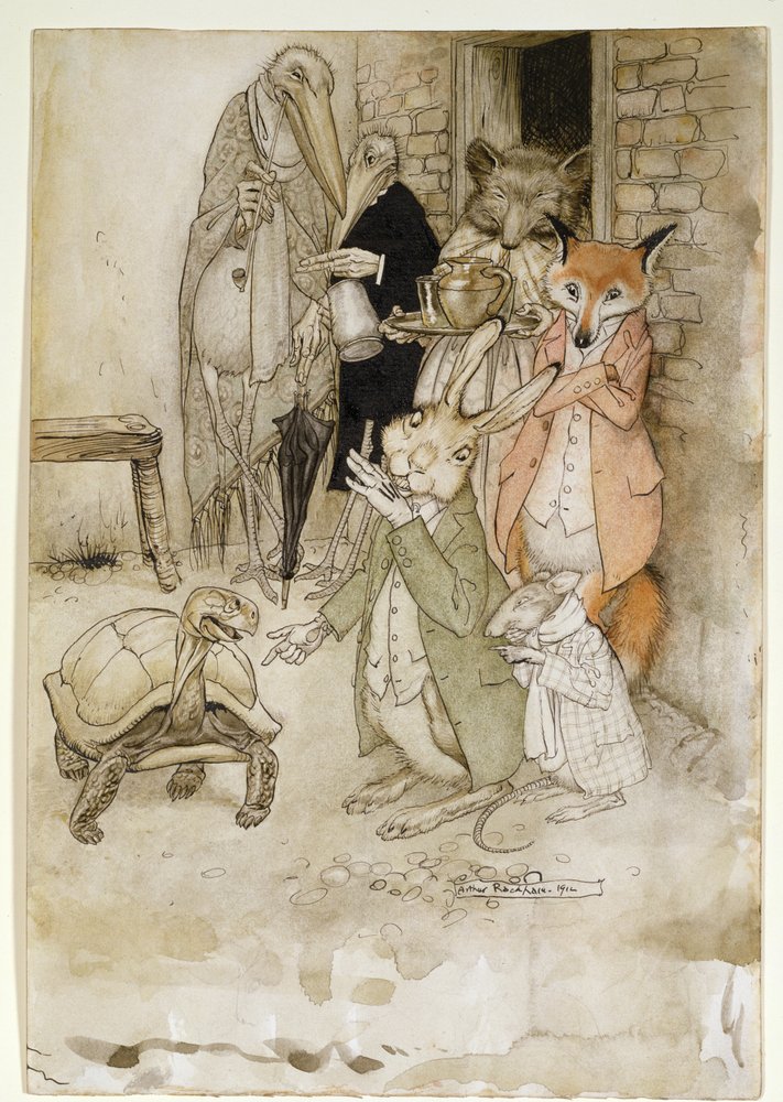 Der Hase und die Schildkröte, Illustration aus Aesops Fabeln ...