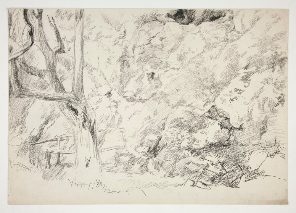 Skizze einer Landschaft mit Baum, Zaun und weiblicher Figur