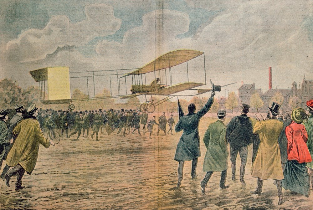 Henri Farman (1874-1958) in Issy-les-Moulineaux in seinem Flugzeug ...