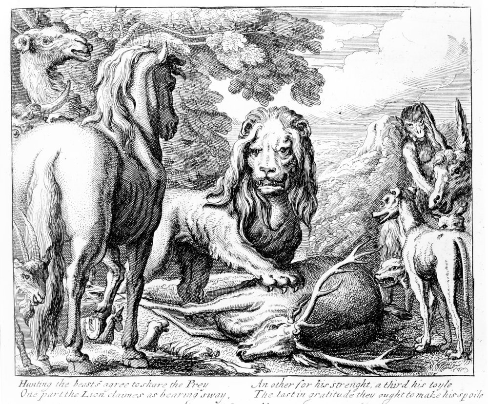 Der Löwenanteil, Illustration zu 'Äsops Fabeln', 1687