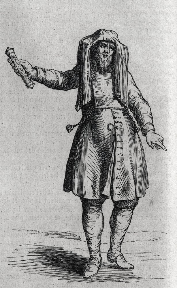 Porträt eines jüdischen Mannes, der die Mesusoth (Mezouzoth, Mezouzah ...