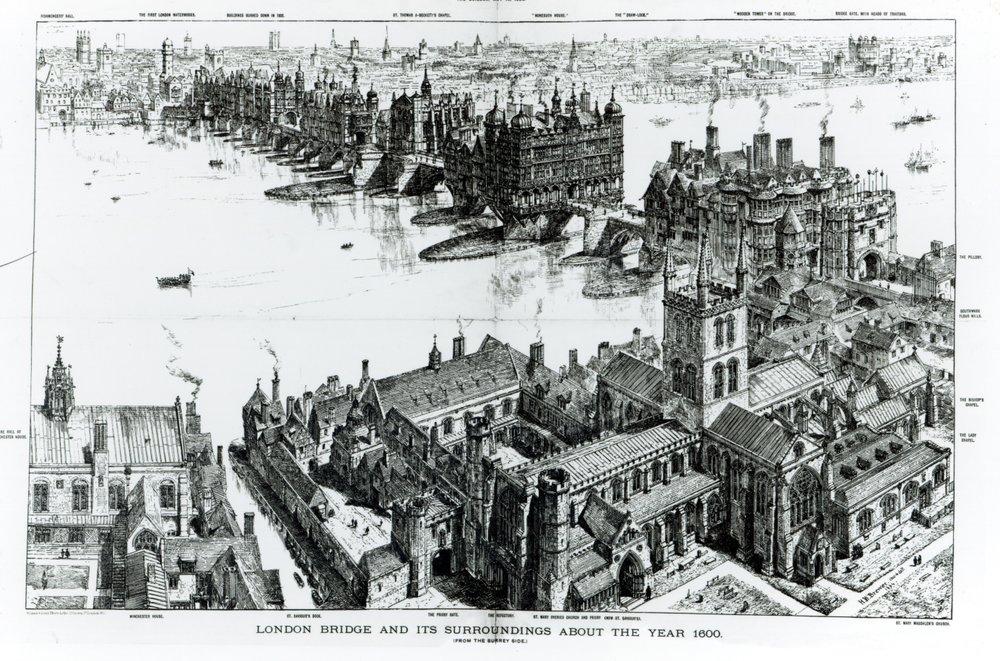 London Bridge und ihre Umgebung um das Jahr 1600, aus 'Old London ...