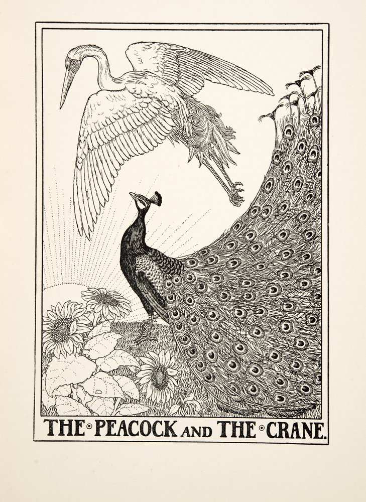 Der Pfau und der Kranich, aus Hundert Fabeln von Aesop, veröffentlicht 1903