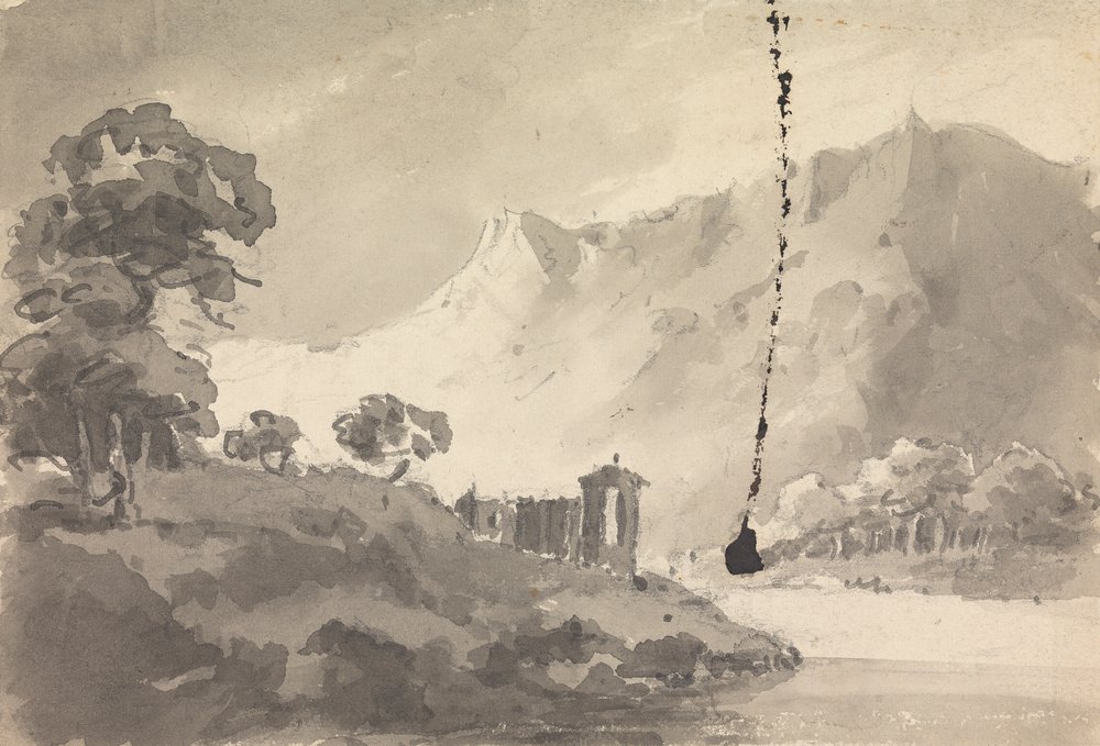 Landschaft mit Schloss, Fluss und Berg