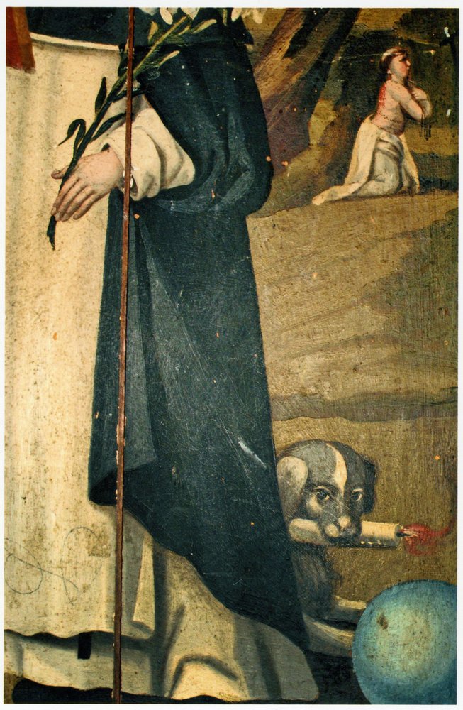 Detail zeigt die Lilie, den Stab und den Hund mit Fackel, Attribute des ...