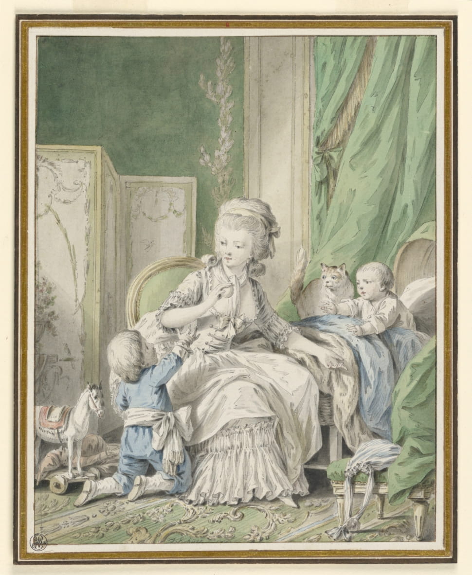 Mutter und zwei Kinder in einem Boudoir