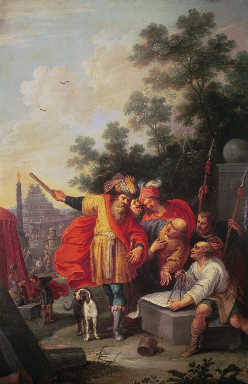 Der Bau des Turms von Babel oder Nimrod im Gespräch mit den Architekten (Öl auf Leinwand)