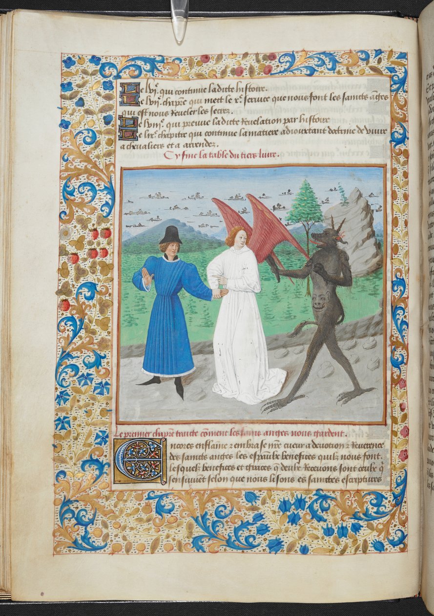 Miniatur eines Mannes mit einem Schutzengel und einem Teufel, Sloane MS 3049 f. 27, ca. 1480