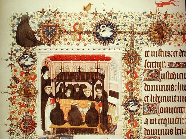 Trauer der Herzogin, mit Wappen und Tierdetails, aus den Grandes Heures ...