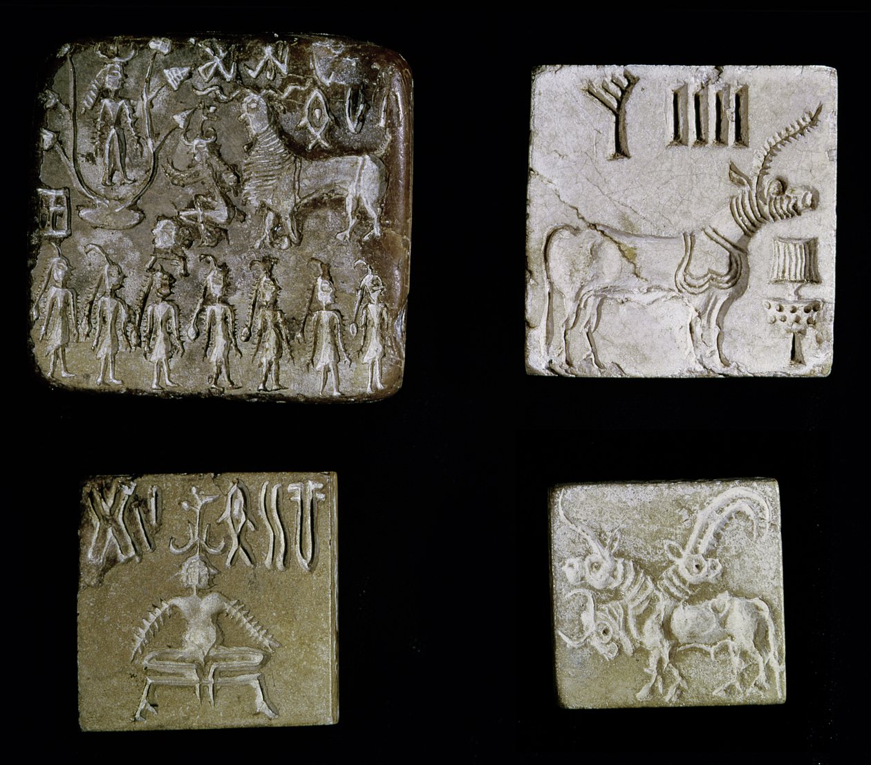 Vier Siegel mit mythologischen Tieren, aus Mohenjo-Daro, Industal, Pakistan