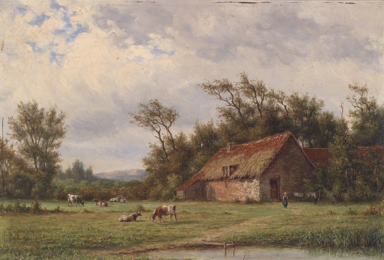 Landschaft mit Bauernhaus, Kühen und figürlicher Staffage