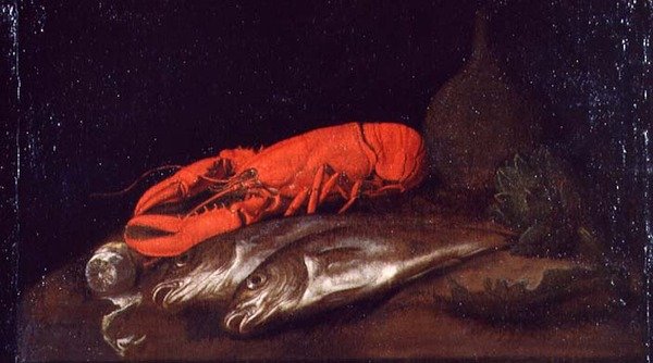 Stillleben mit Hummer und Fisch auf einem Tisch