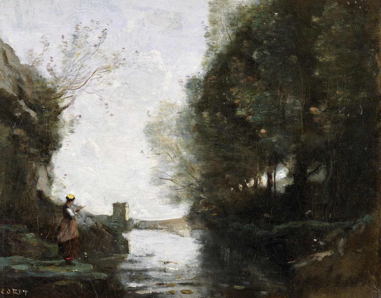 Ein Fluss mit einem quadratischen Turm und einem Bauern im Vordergrund