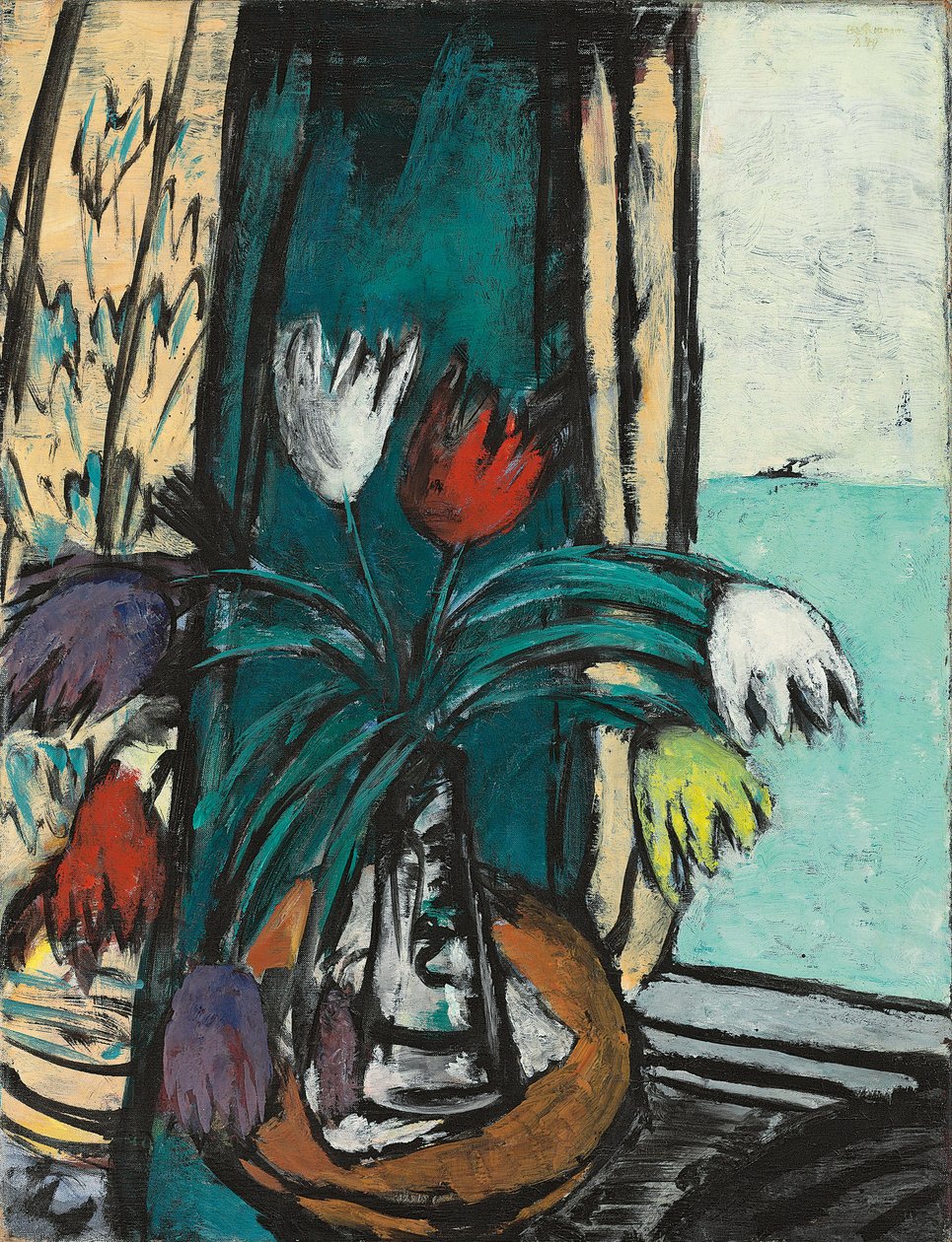 Stillleben mit Tulpen und Meerblick von Max Beckmann