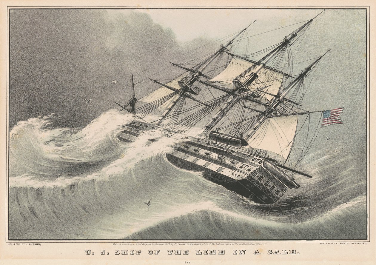 US-Linienschiff in einem Sturm von Nathaniel Currier