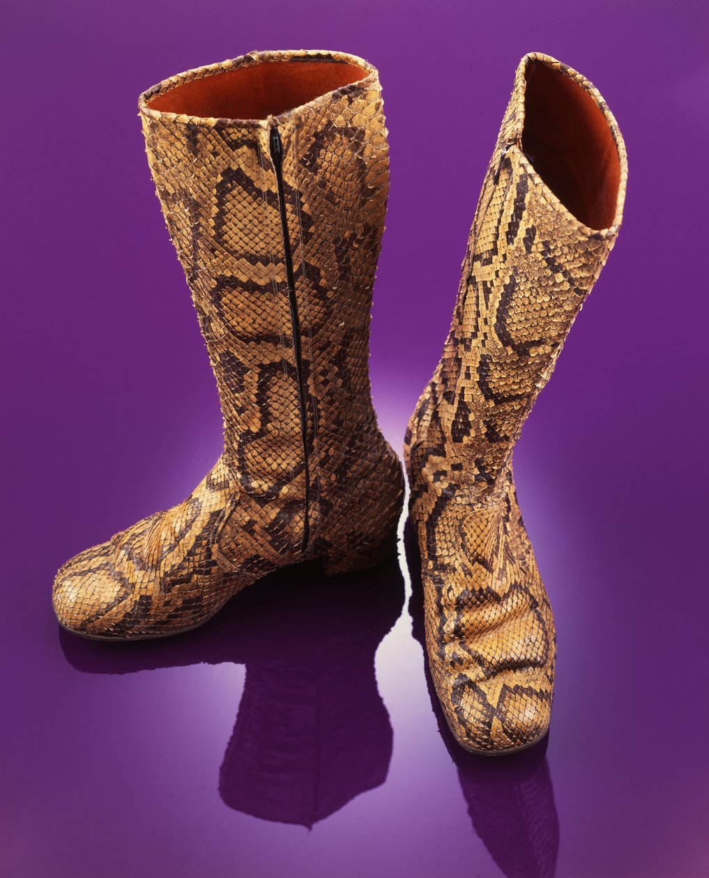 Ein Paar kniehohe Schlangenhautstiefel, getragen von Brian Jones in den späten 1960ern