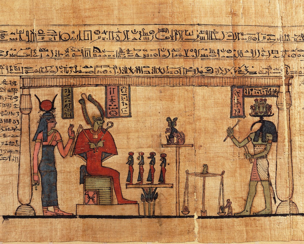 Papyrus aus dem Ersten Buch des Atmens von Ousirour, Thoth wiegt die ...